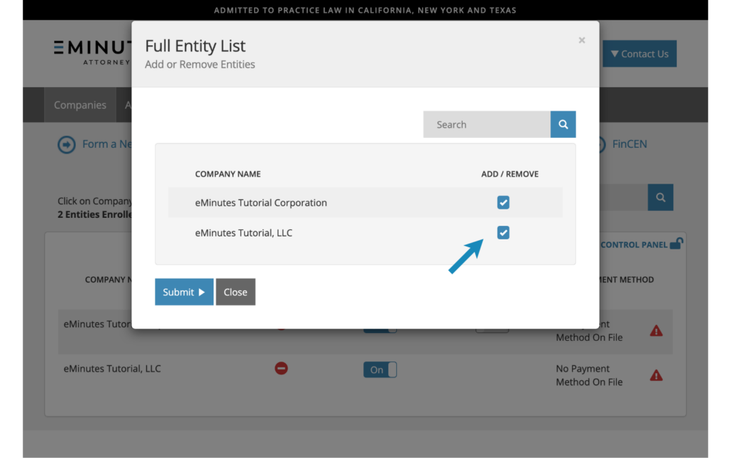 How do I add an entity already enrolled in eMinutes to my portal?